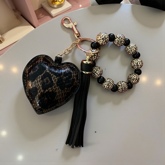 Accessories | Leopard Print Heart Keychain Bracelet With Tassel | Poshmark